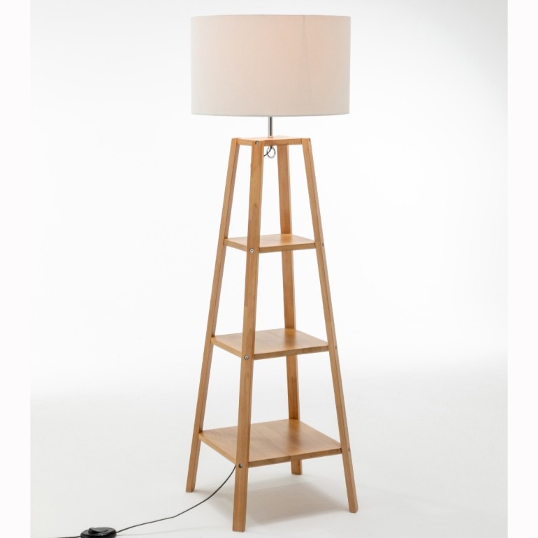 Buy Natural Rubberwood Lamp with 3 Square Shelves and Off White Linen ...